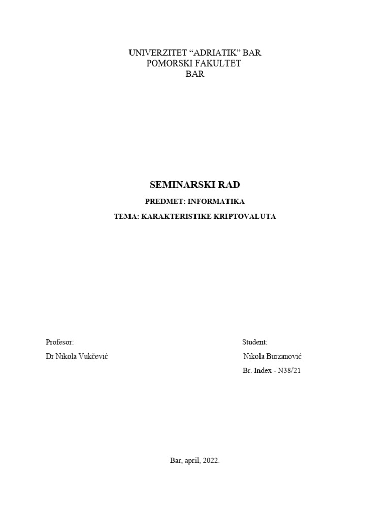 Seminarski Rad: Univerzitet "Adriatik" Bar Pomorski Fakultet BAR | PDF