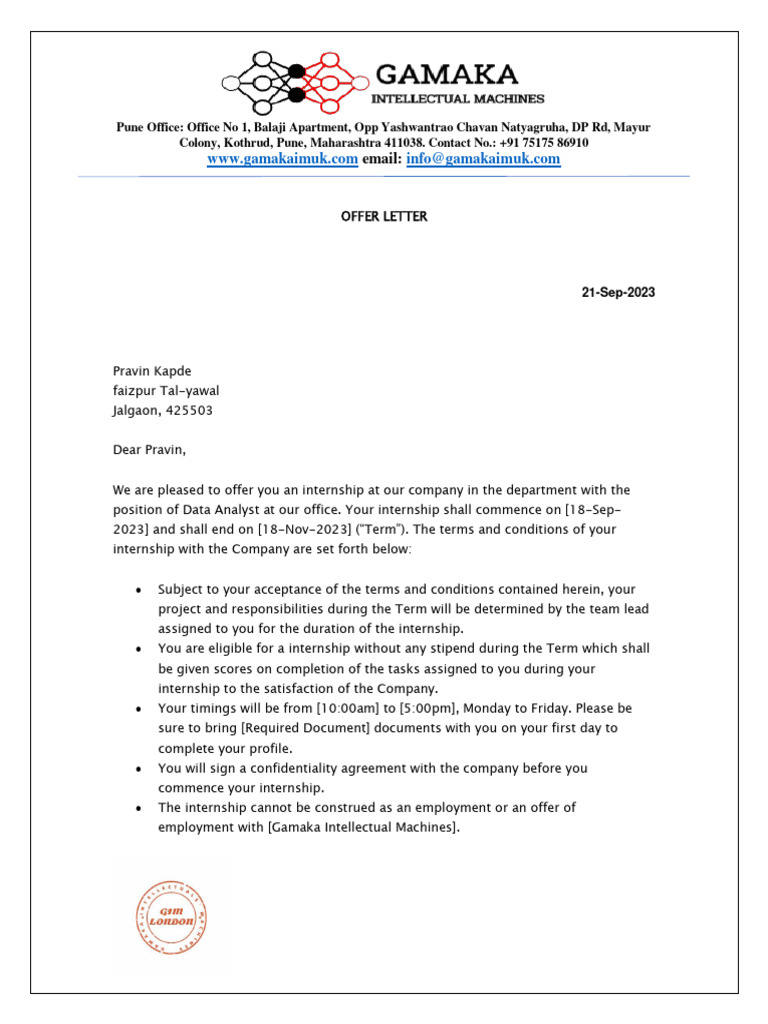 Data Analyst Internship Offer Letter | PDF | Career & Growth | Business