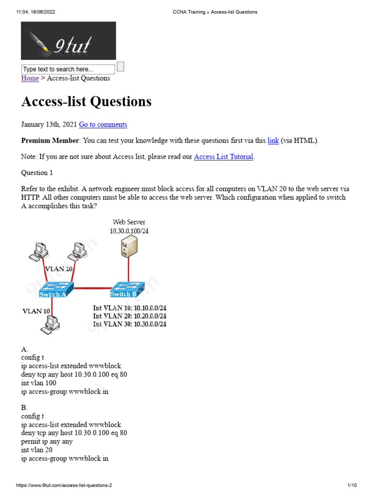CCNA Training Access-List Questions | PDF | Router (Computing) | Computer Network