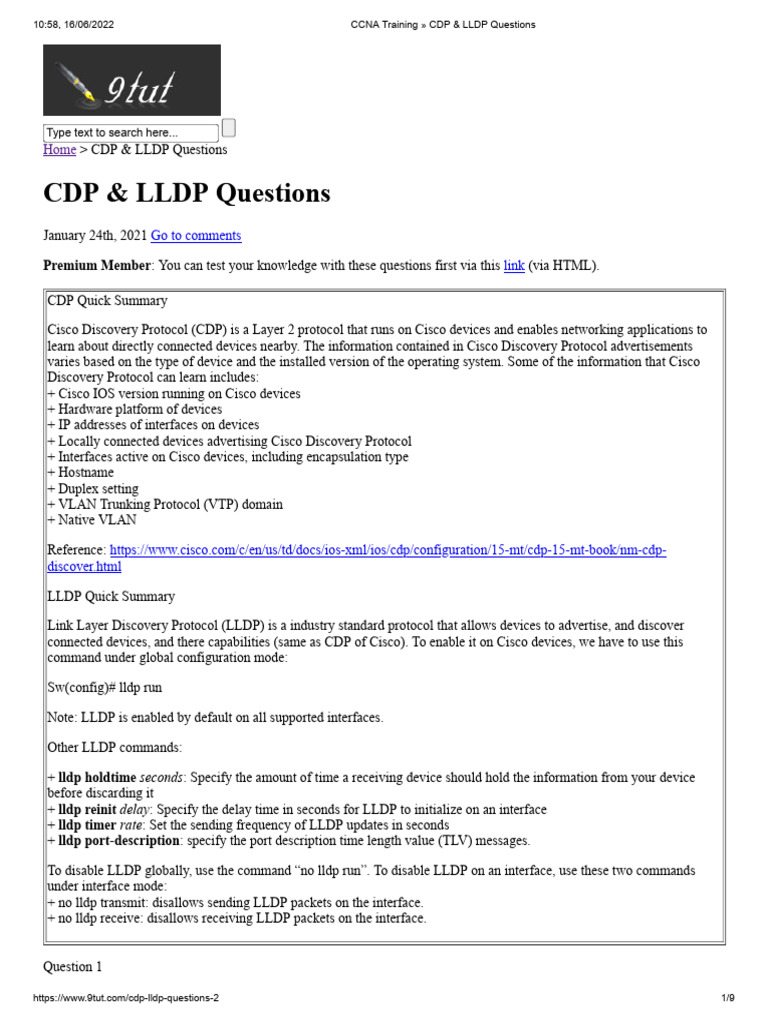 CCNA Training CDP & LLDP Questions | PDF | Cisco Certifications | Internet Protocols