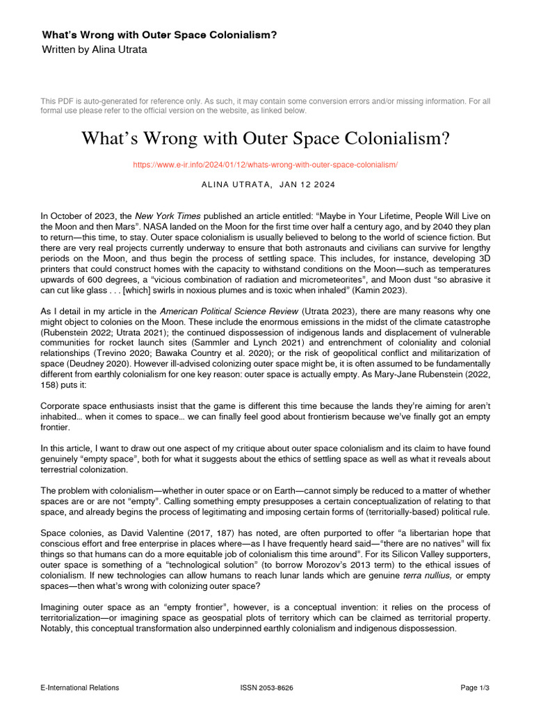 Whats Wrong With Outer Space Colonialism | PDF | Space | Property