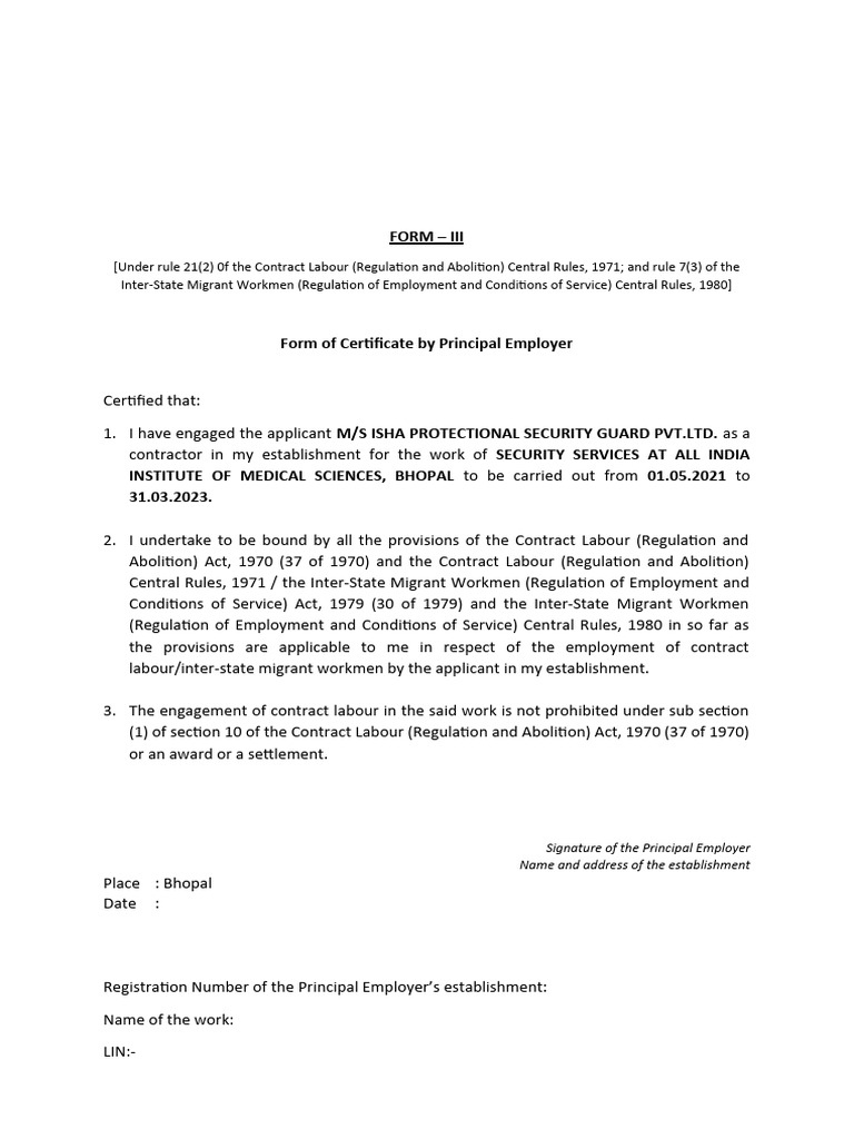 Form III - Principal Employer Certificate | PDF