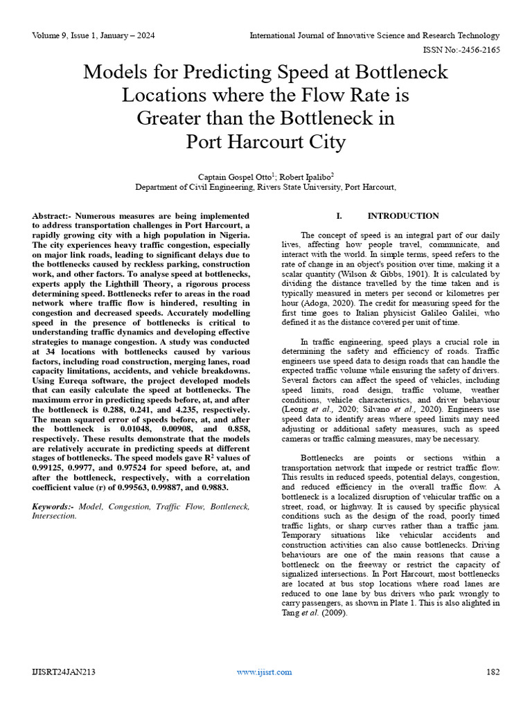 Models For Predicting Speed at Bottleneck Locations Where The Flow Rate Is Greater Than The ...