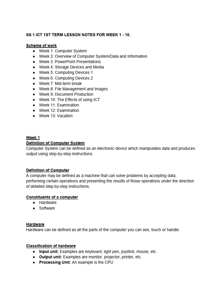 SS 1 Ict 1ST Term Lesson Notes | PDF | Hard Disk Drive | Solid State Drive