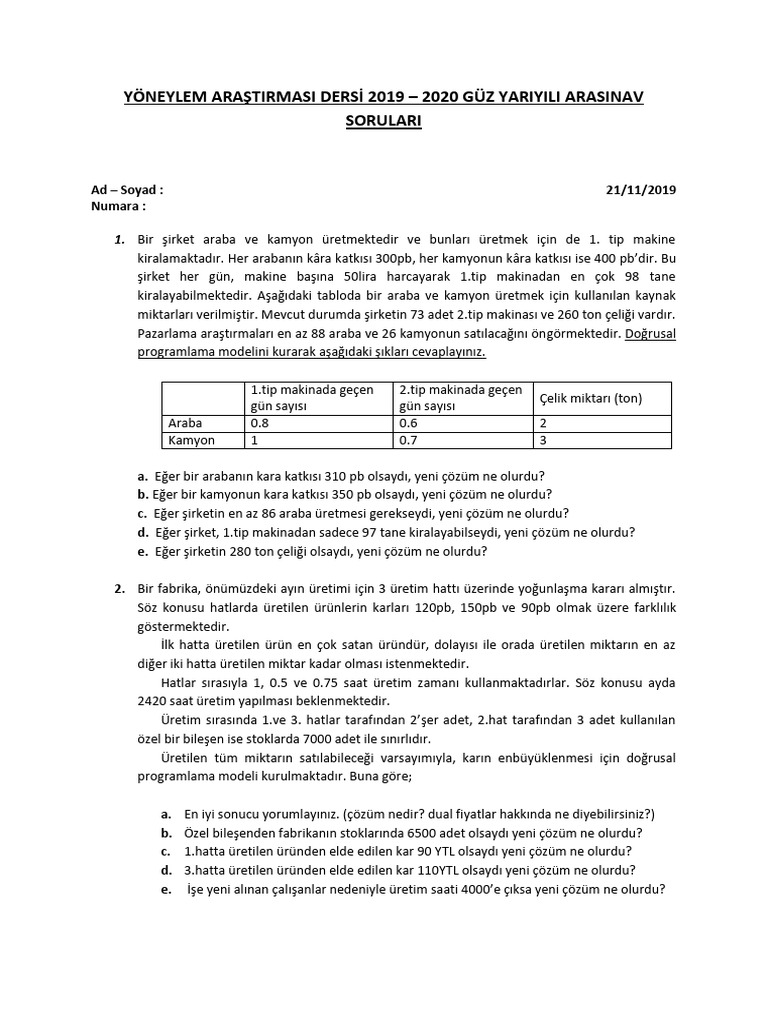 YÖNEYLEM ARAŞTIRMASI Arasınav SORULAR VE CEVAPLAR | PDF