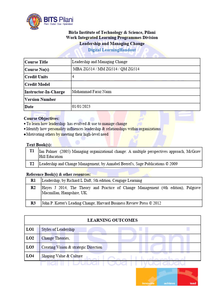 Mba ZG514 Course Handout | PDF | Leadership | Change Management