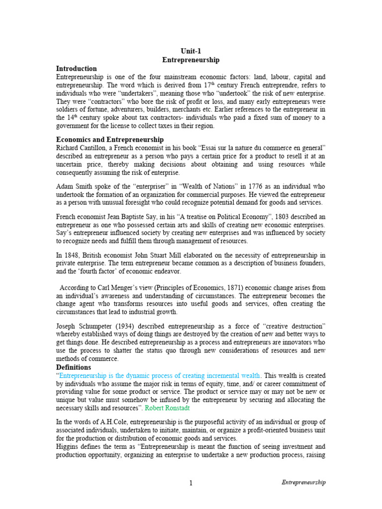 Unit 1 Entrepreneurship | PDF | Entrepreneurship | Economics