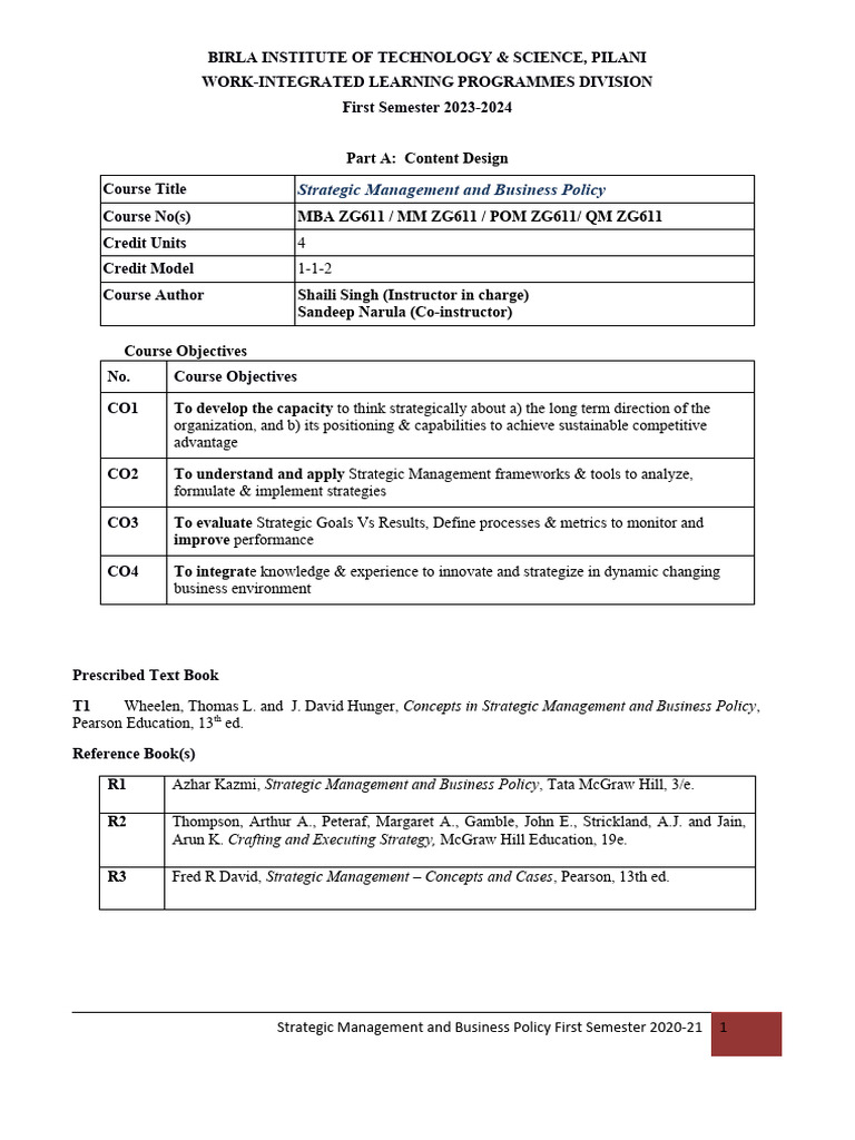 Mba ZG611 Revised Course Handout | PDF | Strategic Management | Private ...