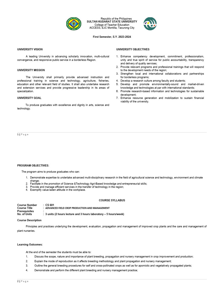 CS 601 Mast Advanced Field Crop Syllabus | PDF | Agriculture | Ecology