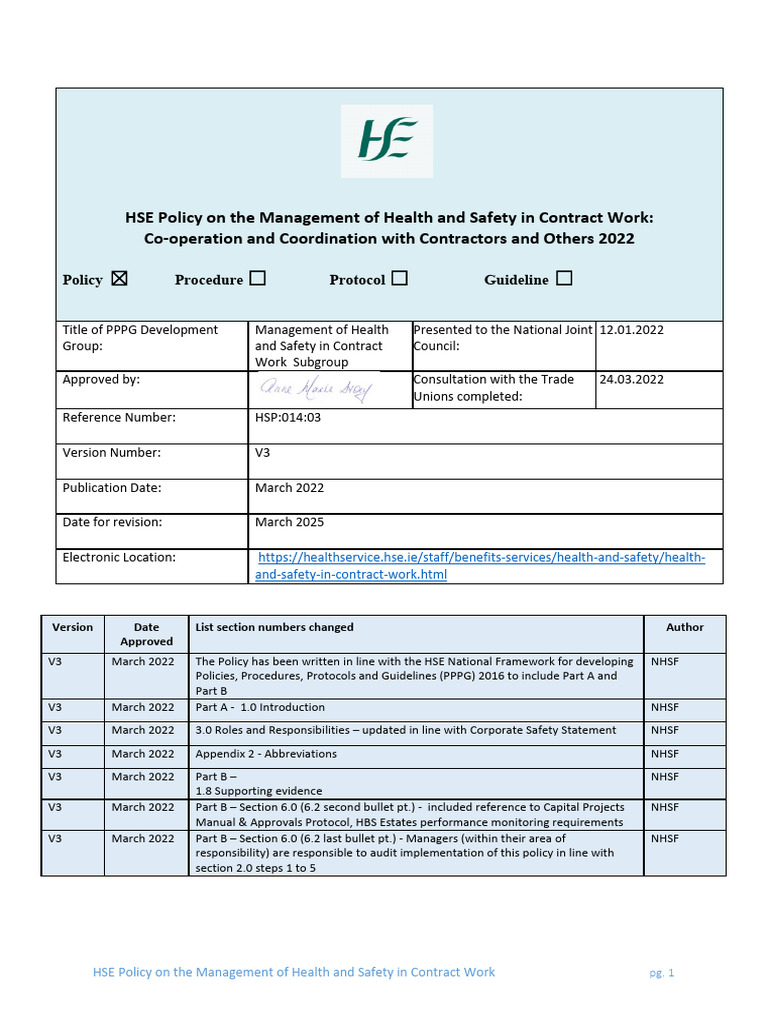 Policy On The Management of Health and Safety in Contract Work | PDF ...