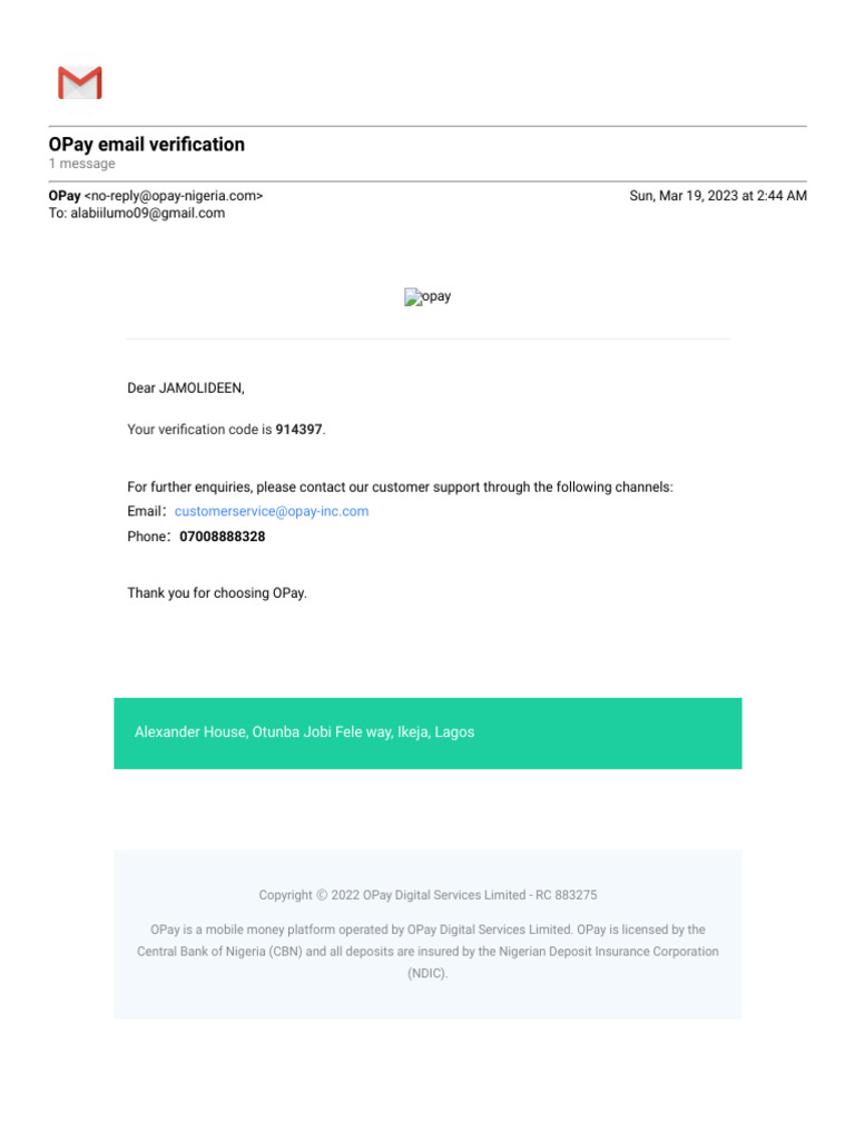 Gmail - OPay email verification | PDF