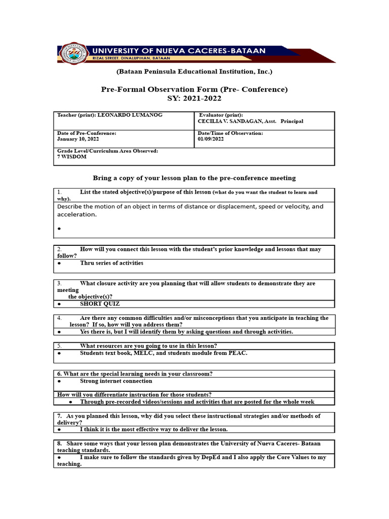 Pre and Post Observation Forms for Teachers | PDF | Teachers ...
