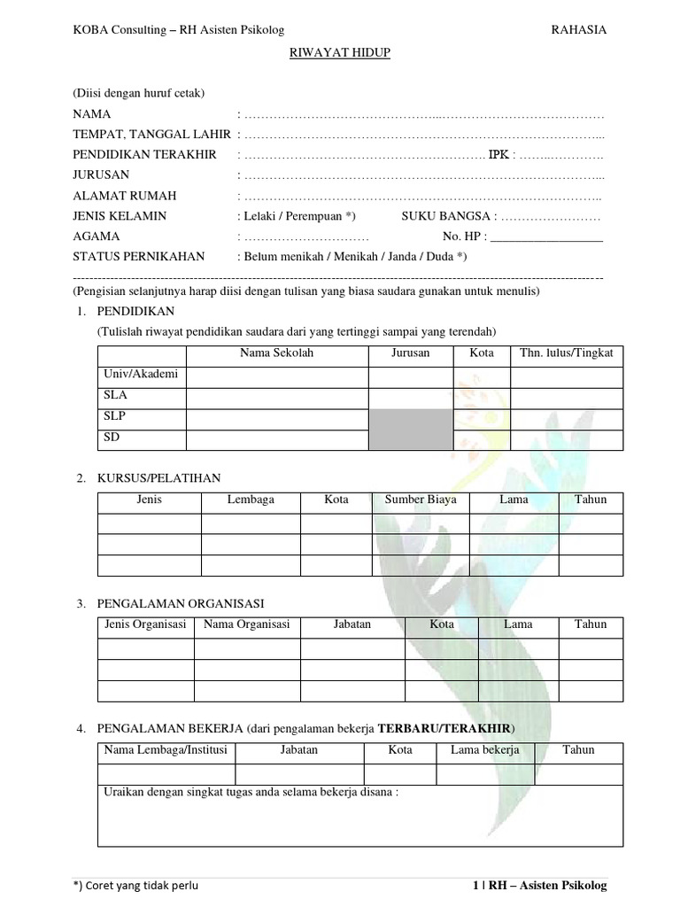 Lembar RIWAYAT HIDUP Asisten Psikolog | PDF