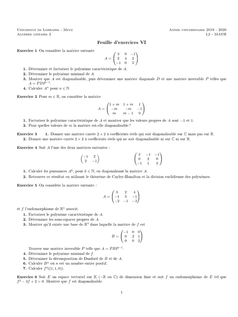 TD Diagonalisation - Trigonalisation | PDF | Valeur propre, vecteur propre et espace propre ...