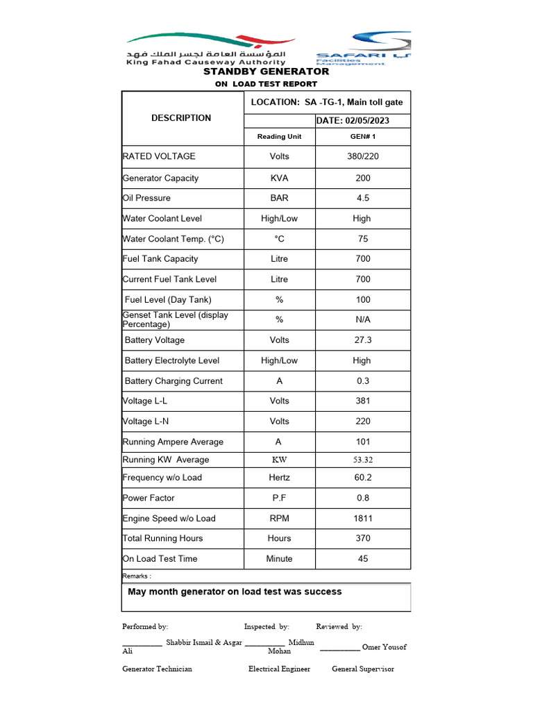 Generator Load Test Summary | PDF