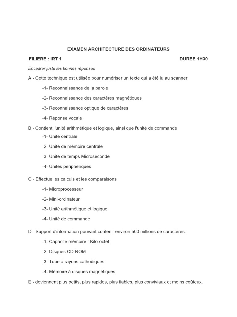 Examen Références Architecture Ordinateurs | PDF | Mémoire ...