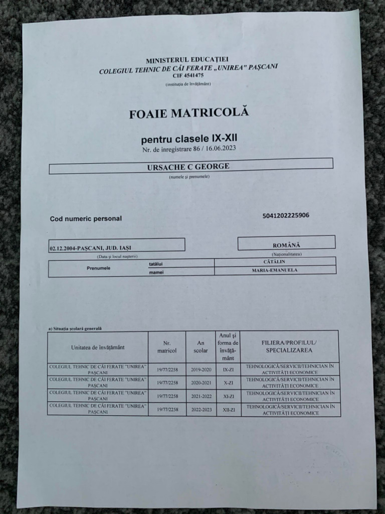 Foaie Matricola | PDF