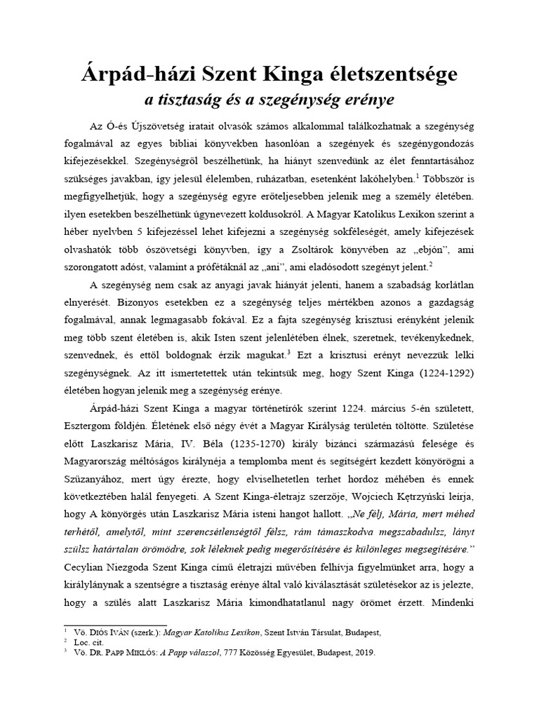 A Szegénység Mint Erény Megjelenése Árpád-Házi Szent Kinga Életében | PDF