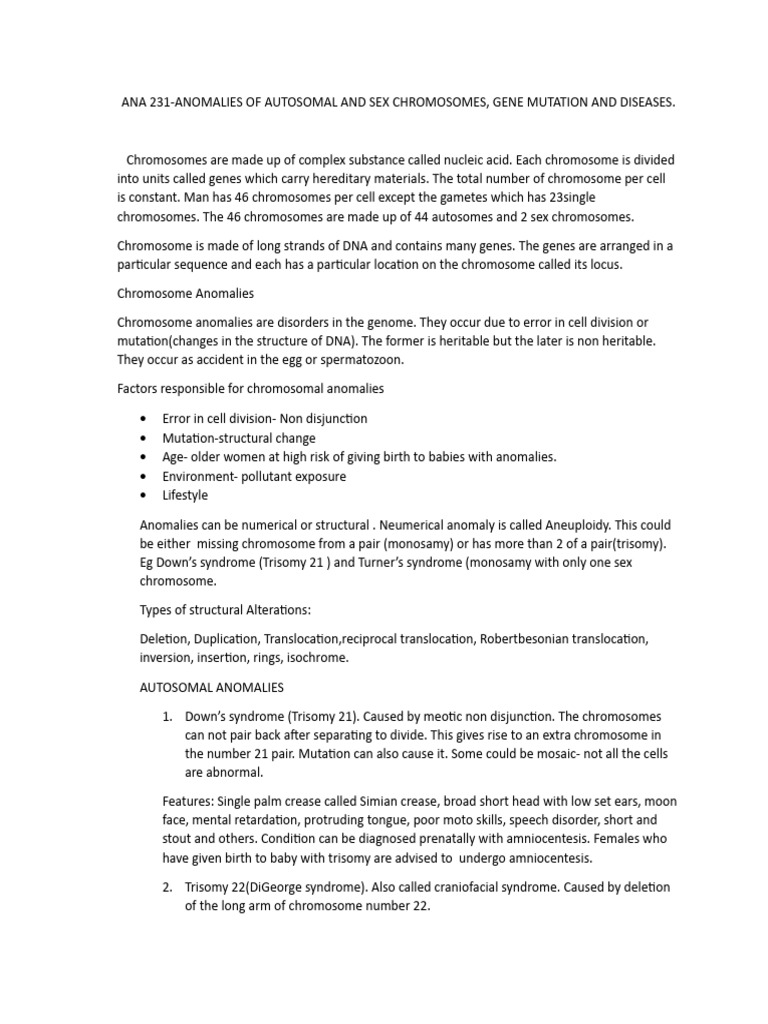 ANA 231-Chromosomal Disorder | PDF | Genetic Disorder | Mutation
