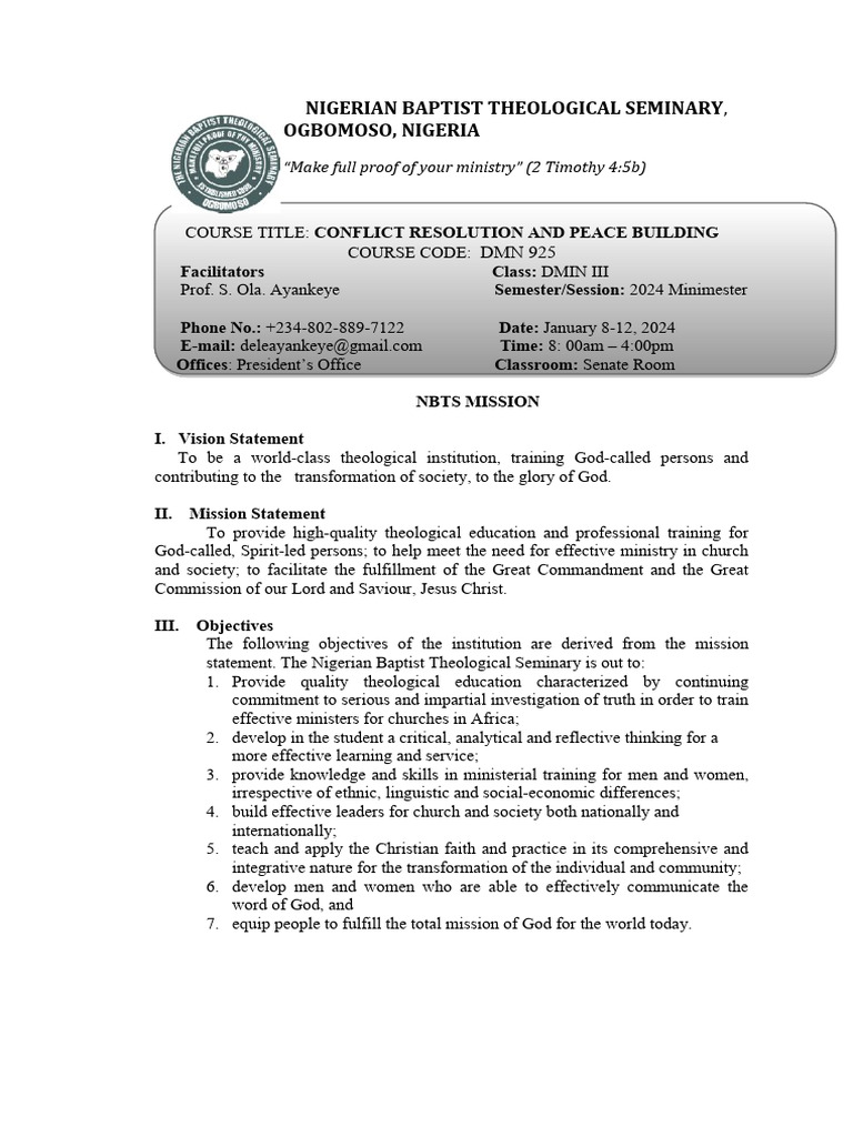 CONFLICT RESOLUTION AND PEACE BUILDING (1074) DMin 3 Class | PDF ...