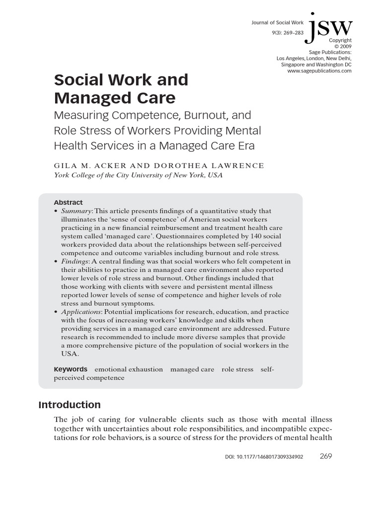 Acker Lawrence 2009 Social Work and Managed Care Measuring Competence Burnout and Role Stress of ...