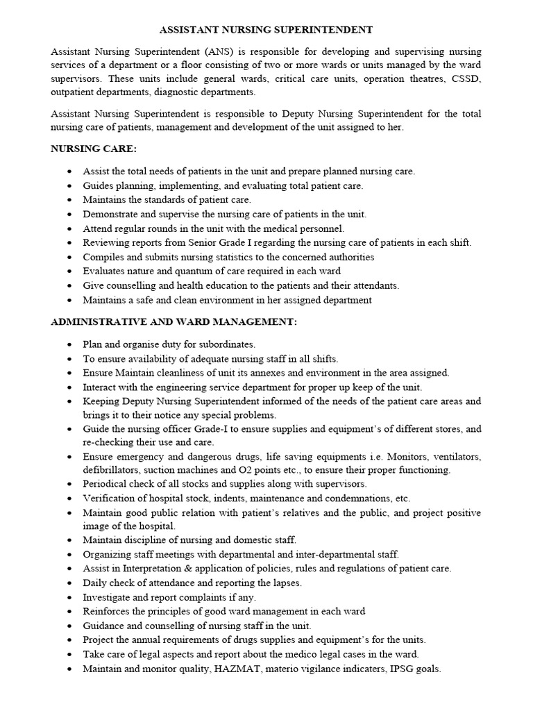 Assistant Nursing Superintendent | PDF | Nursing | Hospital
