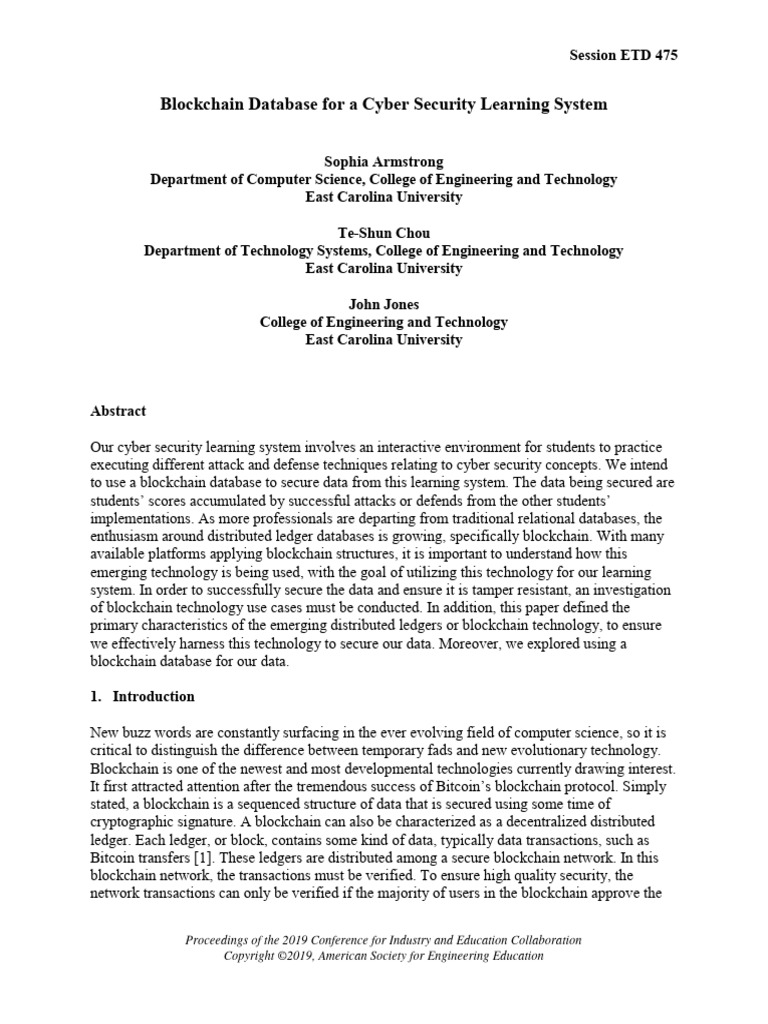 Blockchain Database For A Cyber Security Learning System Pdf Databases Computer Network 