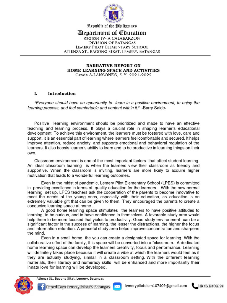 Narrative Report On Home Learning Space and Activities | PDF | Learning ...