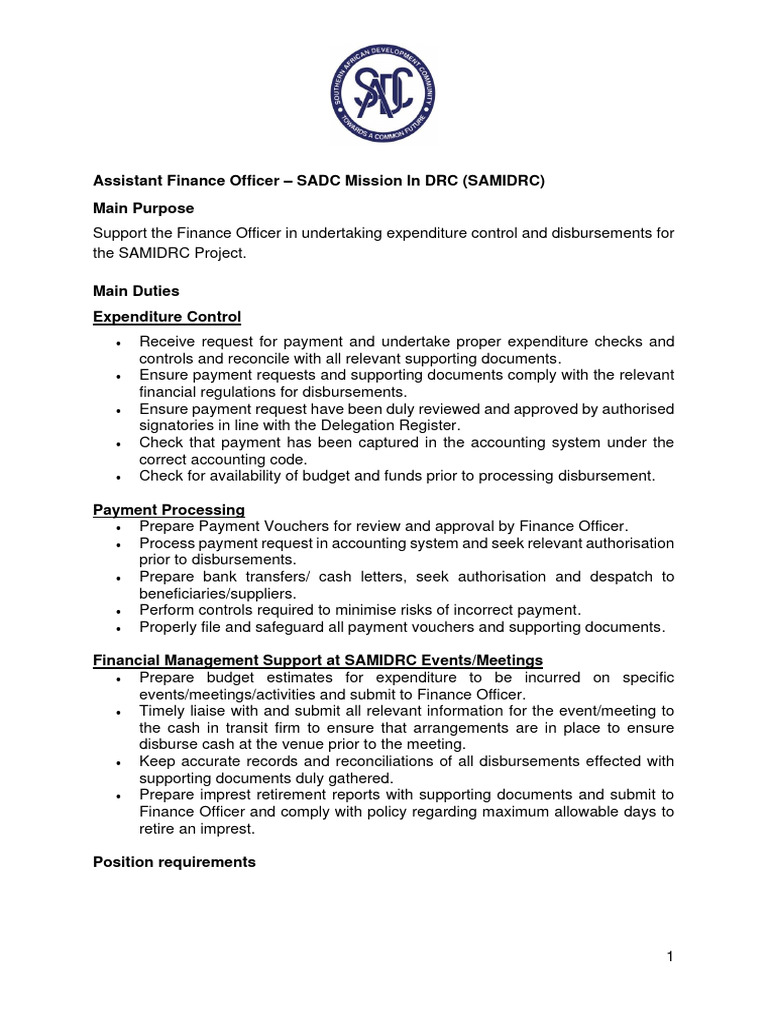 Job Profile - Assistant Finance Officer - SAMIDRC | PDF | Skill ...