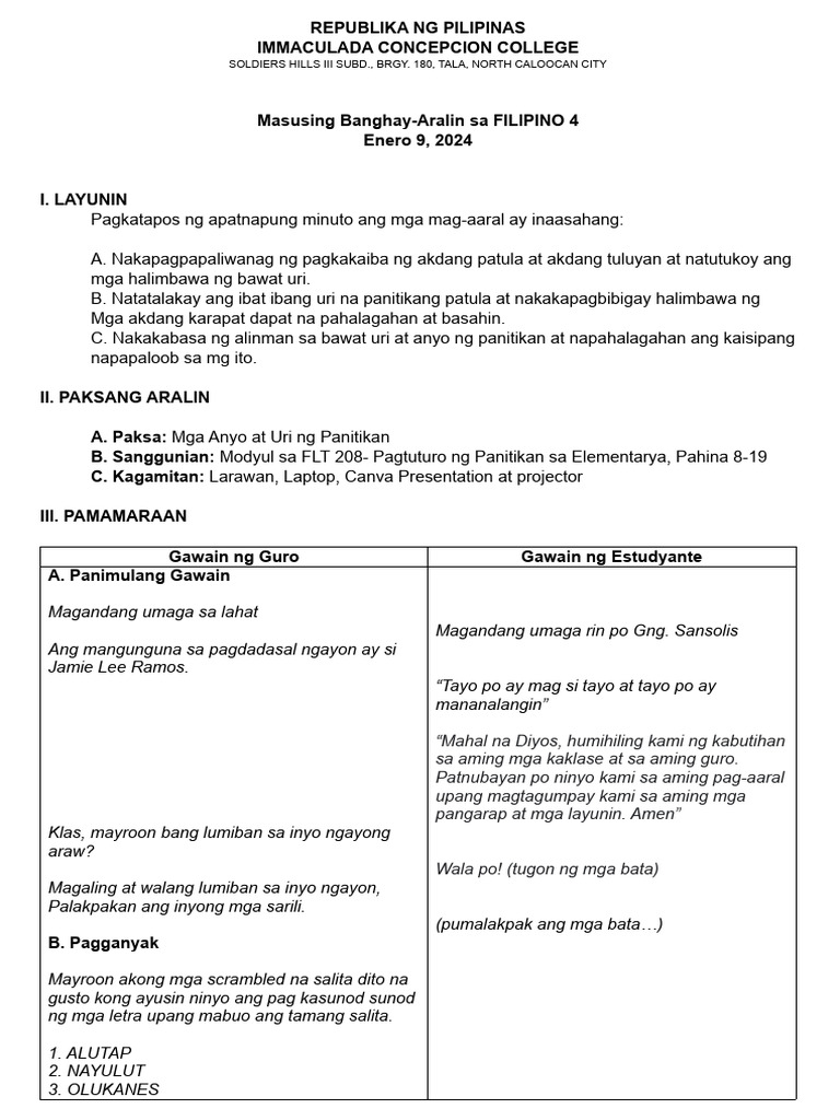 Lesson Plan in Fil 1 | PDF