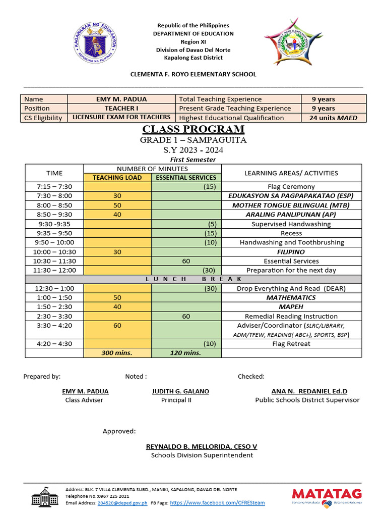 Class Program for Grade 1 (2023-2024) | PDF | Learning