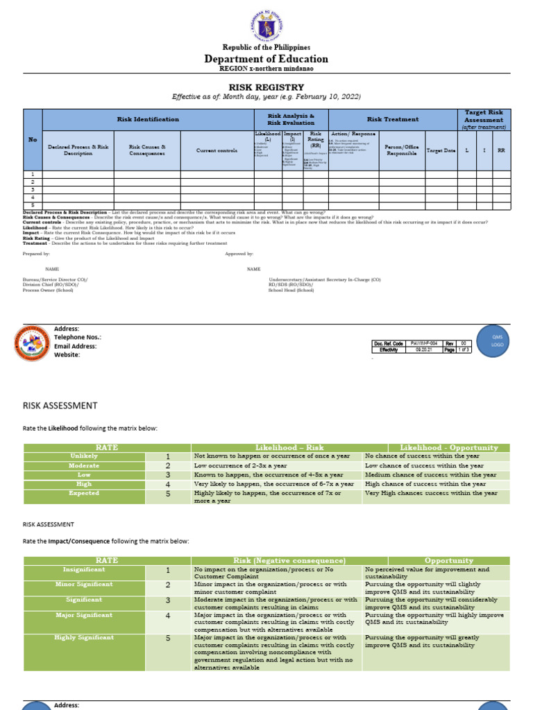 PAWIM-F-004 Risk Registry Template R10 V2 | PDF | Risk | Risk Management
