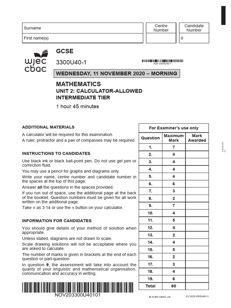 Wednesday, 11 November 2020 - Morning Unit 2: Calculator-Allowed ...