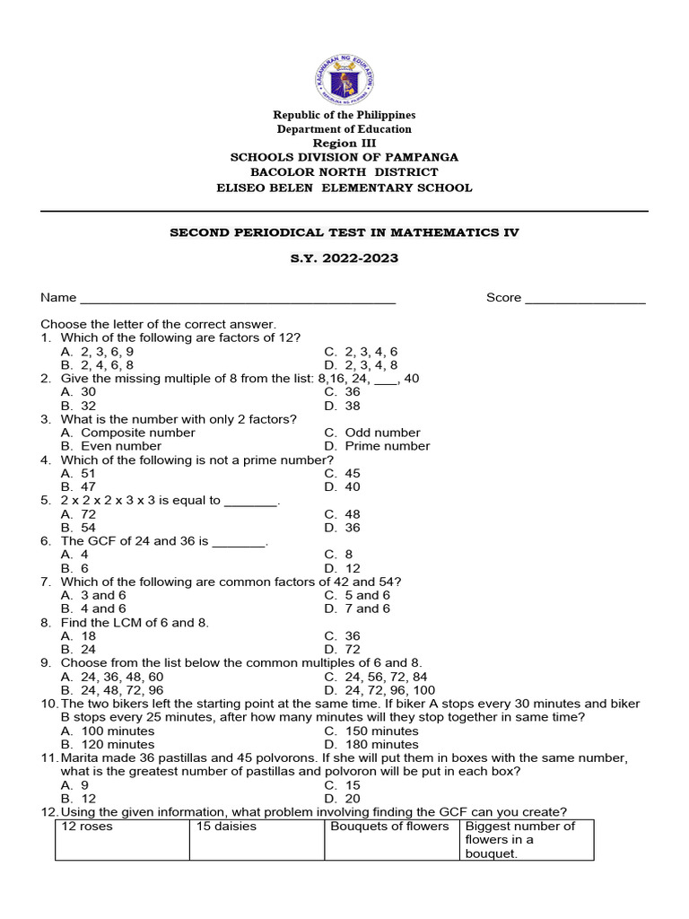 Grade 4 Math Test - Eliseo Belen Elementary | PDF | Decimal | Odds