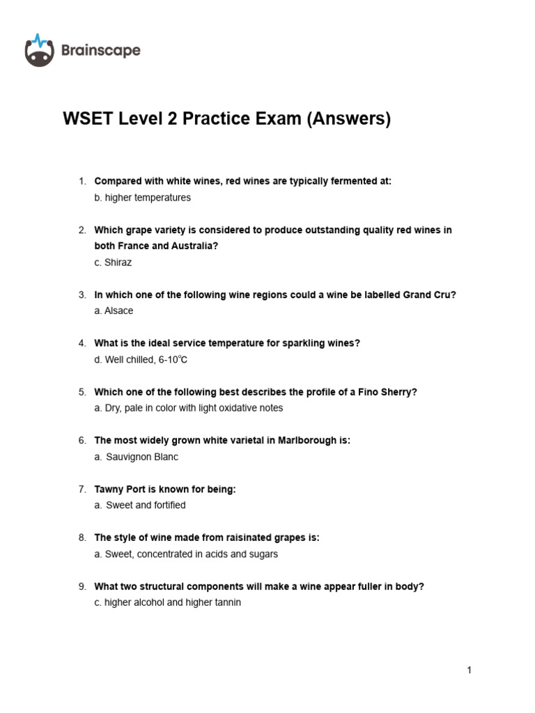 WSET Level 2 Practice Exam Answers | PDF | Wine | Phenolic Content In Wine