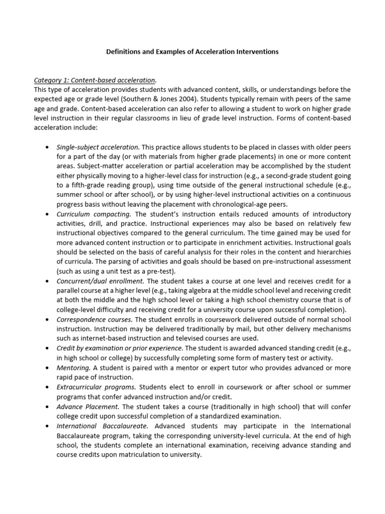 Definitions of Accelleration Interventions-FINAL | PDF | Curriculum ...