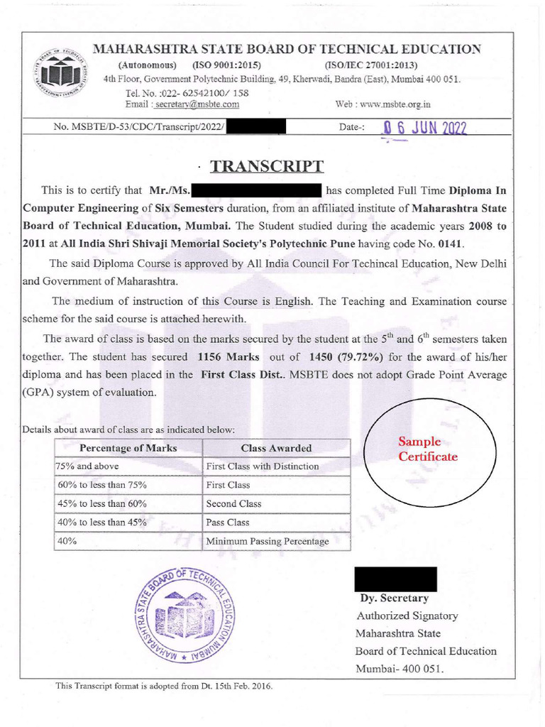 Sample Transcript Certificate 060620221720 | PDF
