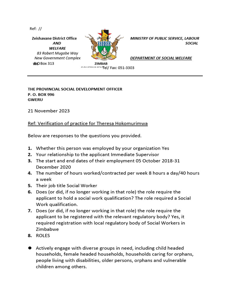 Social Worker Employment Verification Zimbabwe | PDF | Social Work ...