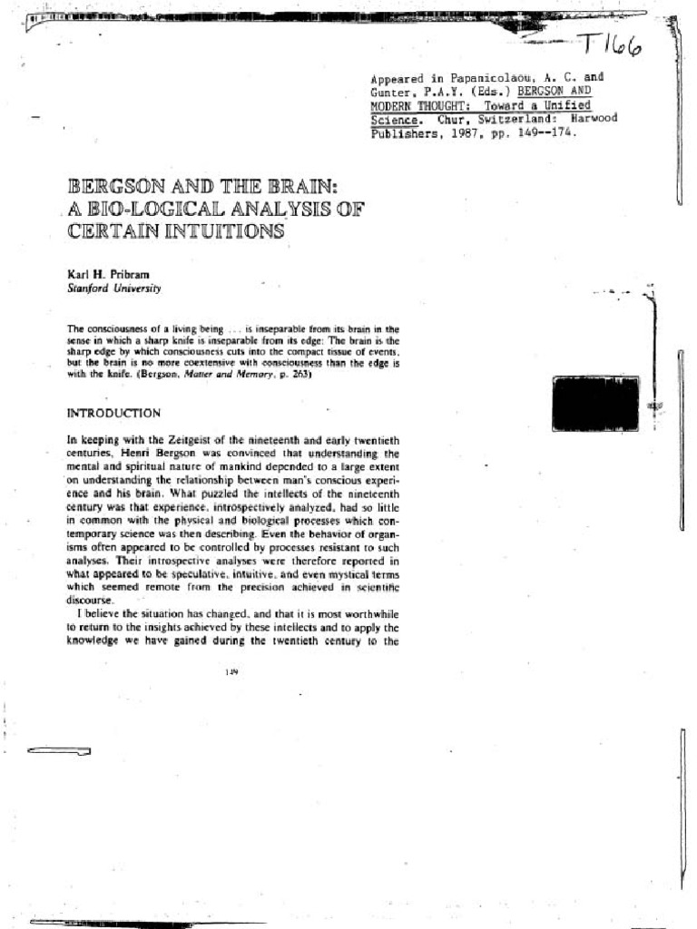 Karl Pribram - Bergson and The Brain | PDF | Thalamus | Consciousness