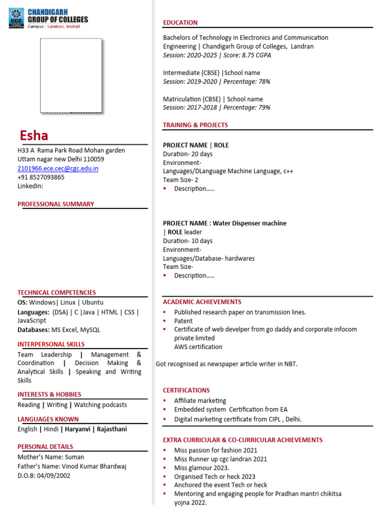 Sample Resume Format - Btech | PDF | Computing