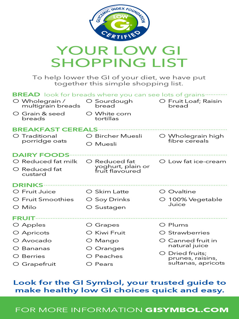 Low GI Shopping List | PDF | Fruit | Vegetables