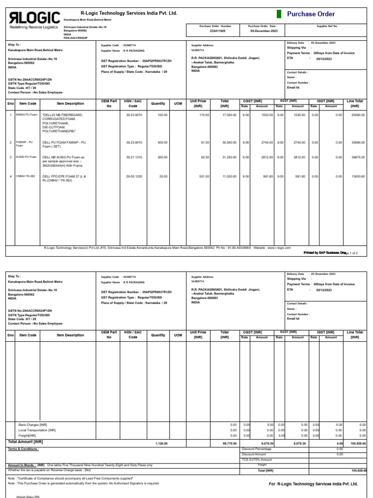 GST Purchase Order Items - R R Packaging | PDF | Economies | Payments
