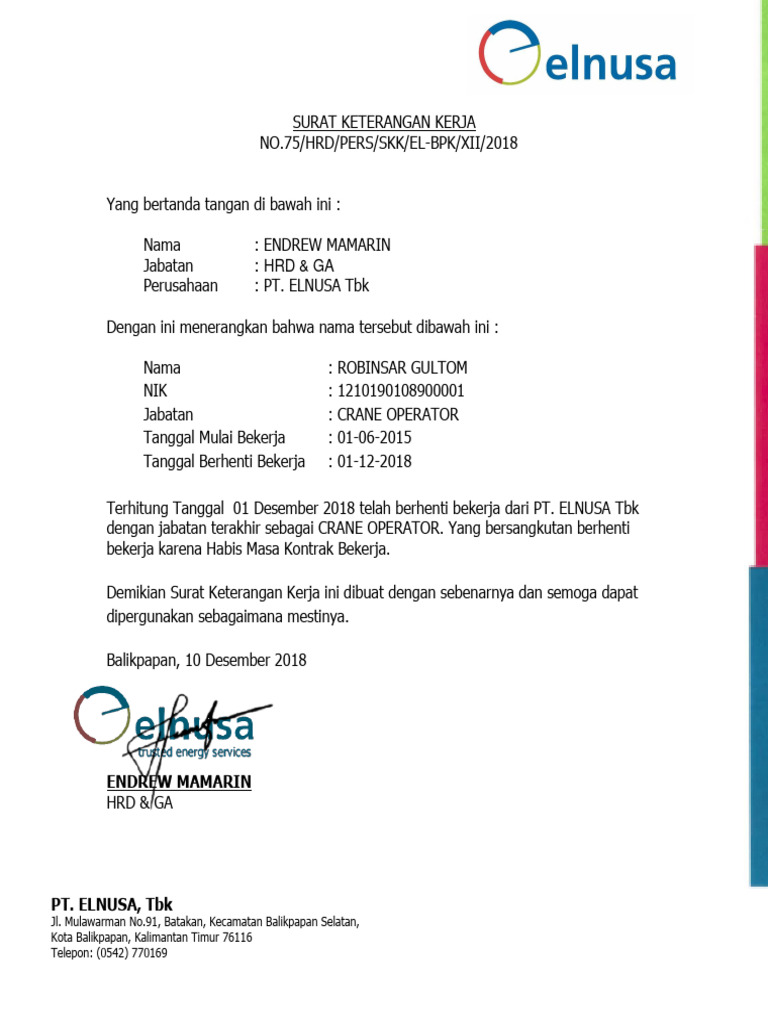 Paklaring Pt. Elnusa - Robinsar Gultom | PDF