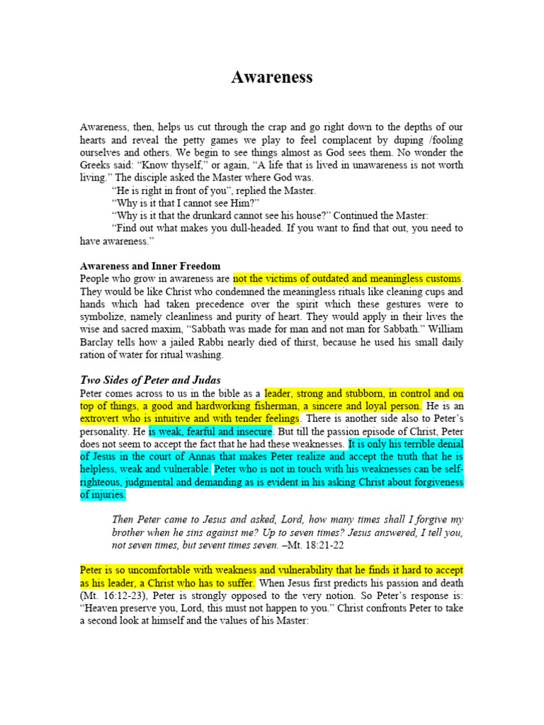 Awareness and Inner Freedom Insights | PDF | Jesus | Saint Peter