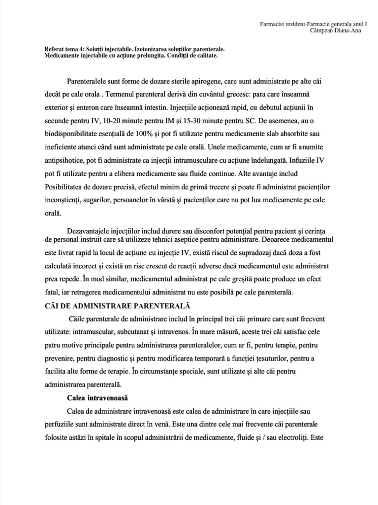 Referat Tema 4. Solutii Injectabile. Izotonizarea Soluțiilor Parenterale. Medicamente ...