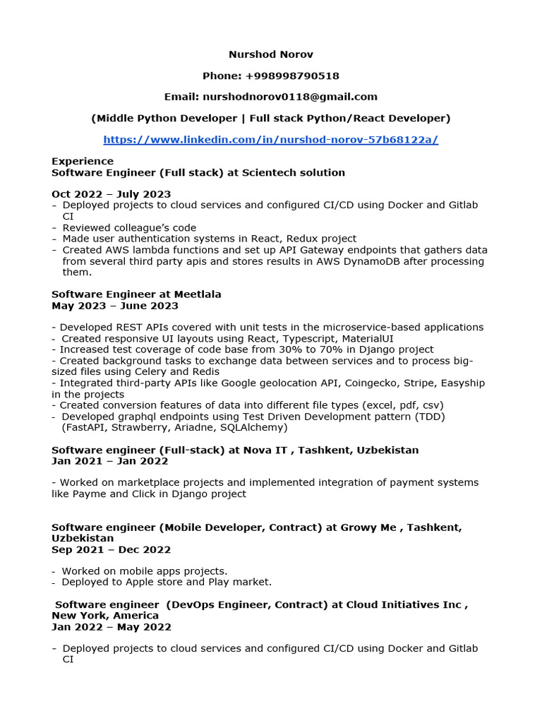 Full Stack Python/React Developer Resume | PDF | Cloud Computing ...