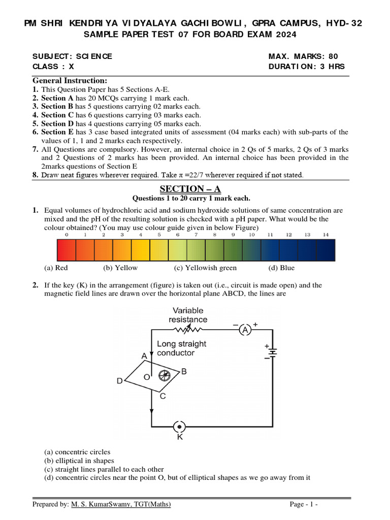 Science Class X Sample Paper Test 07 For Board Exam 2024 | PDF ...