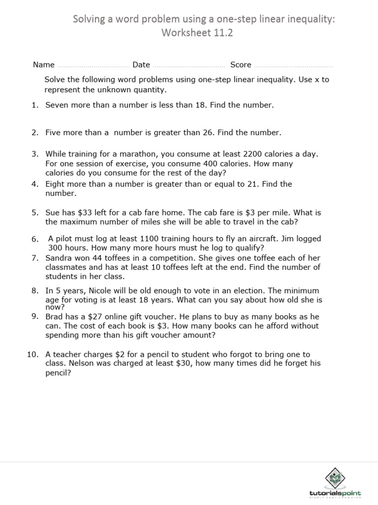 Solving A Word Problem Using One Step Linear Inequality Worksheets11 2 | PDF
