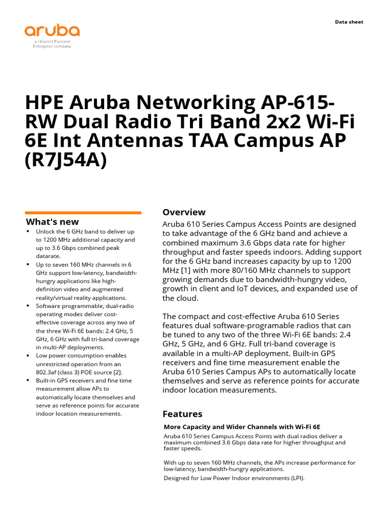 7.HPE Aruba Networking AP-615-RW Dual Radio Tri Band 2x2 Wi-Fi 6E Int Antennas TAA Campus AP ...