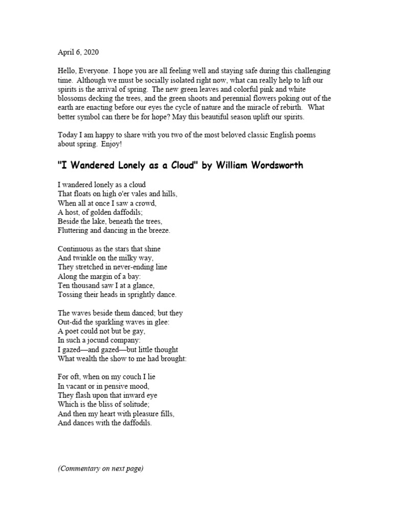 William Wordsworth I Wandered Lonely As A Cloud | PDF | Poetry